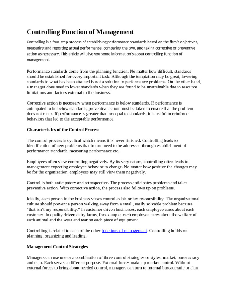 Controlling Function of Management | PDF | Behavior | Social Psychology