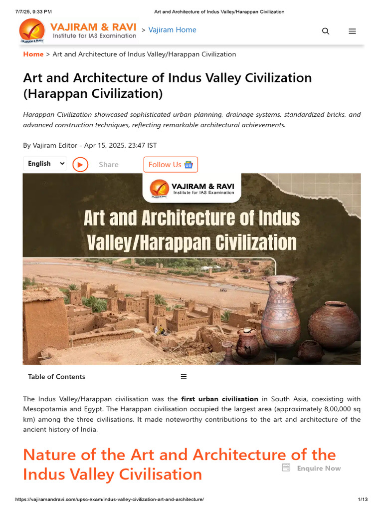 Harappan Civilization: Art and Architecture | PDF