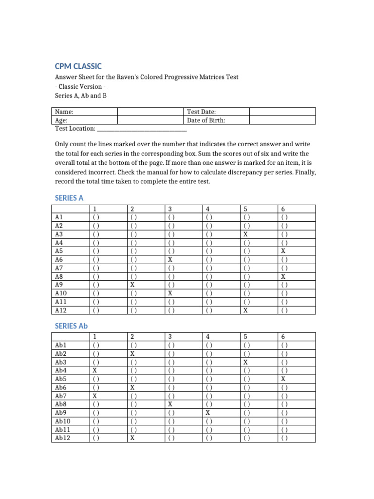 Raven's CPM Answer Sheet Classic | PDF