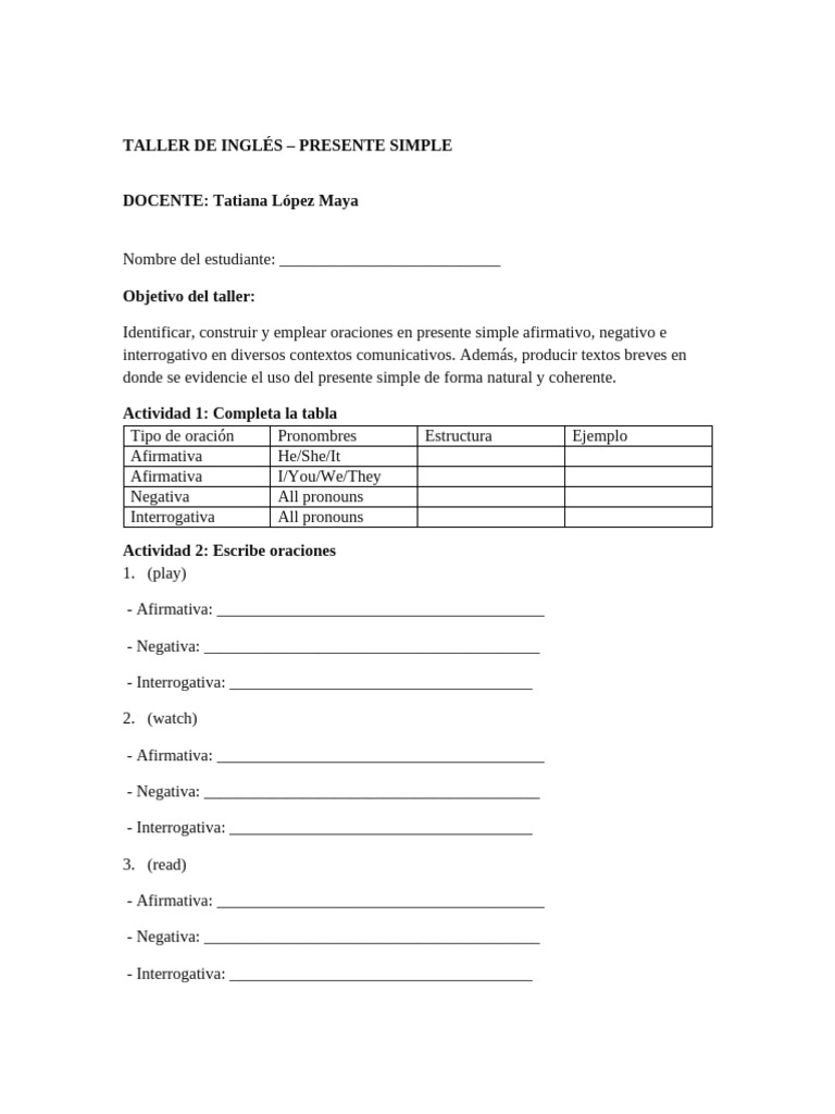 Taller Presente Simple Tatiana Lopez | PDF | Lingüística