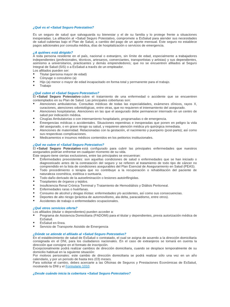 Seguro Potestativo EsSalud: Coberturas y Costos | PDF | Cuidado de la ...