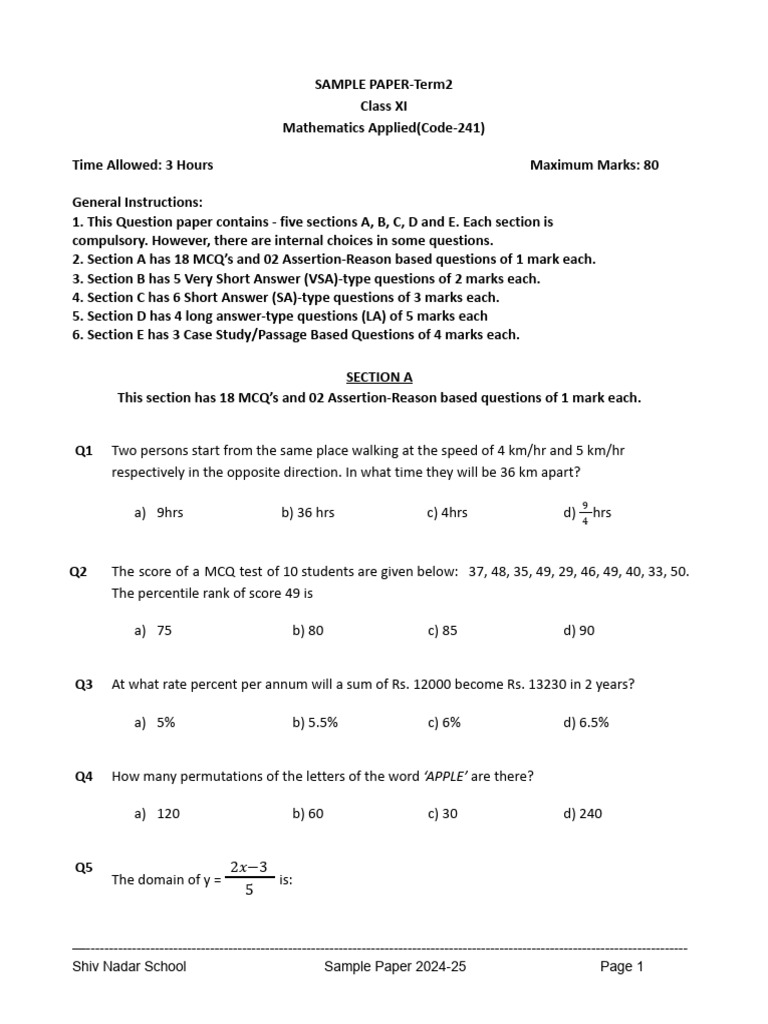 Class 11 Applied Mathematics Sample Paper | PDF | Numbers | Mathematics