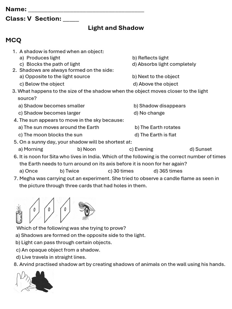 Class 5 Light and Shadow Worksheet | PDF | Shadow | Sunset