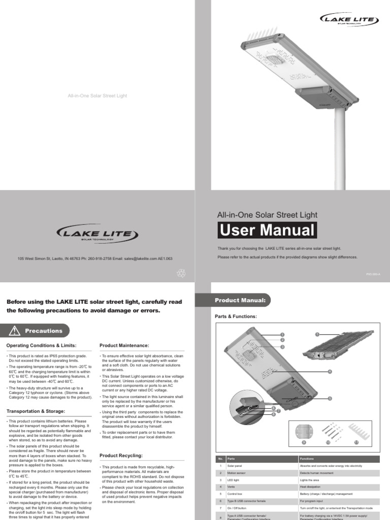 LAKE LITE Solar Street Light Manual | PDF | Battery Charger | Electricity