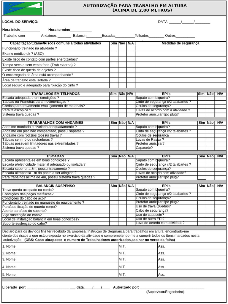 000721_Autorização Para Trabalho Em Altura - 00655 [ E 4 ] | PDF