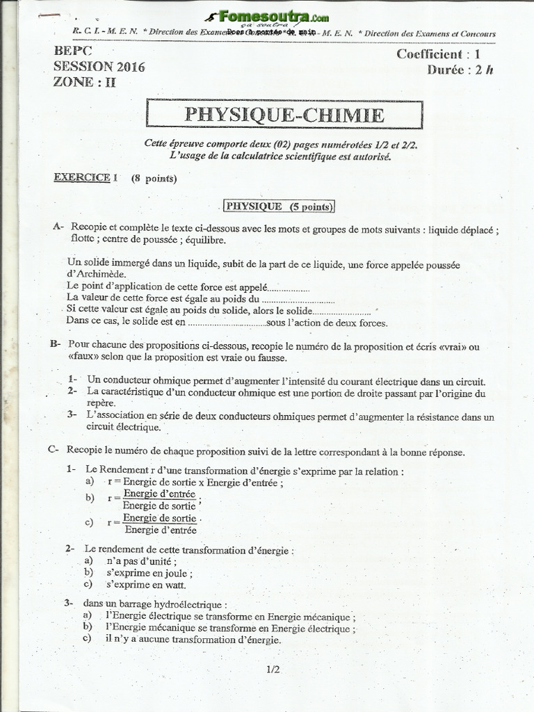 612b5b1dec46bsujet Corrige Et Bareme de Physique Chimie Bepc 20 | PDF