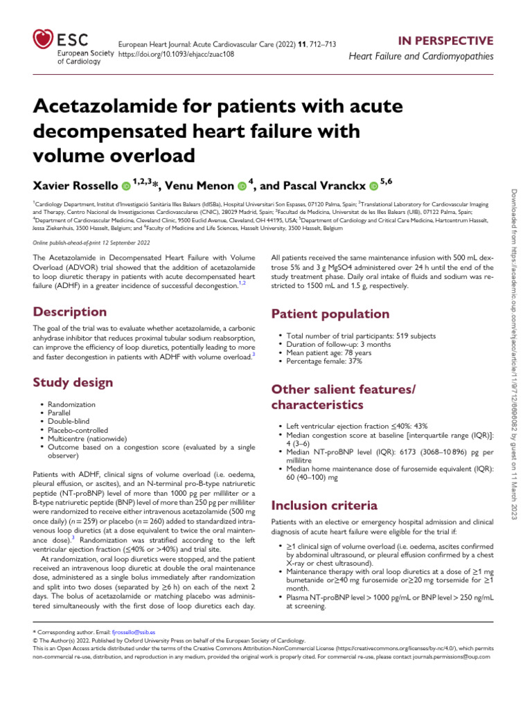 Acetazolamide in Acute Heart Failure Study | PDF | Heart Failure ...