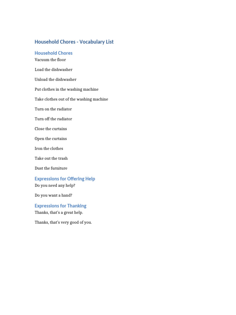 Household Chores Vocabulary List | PDF