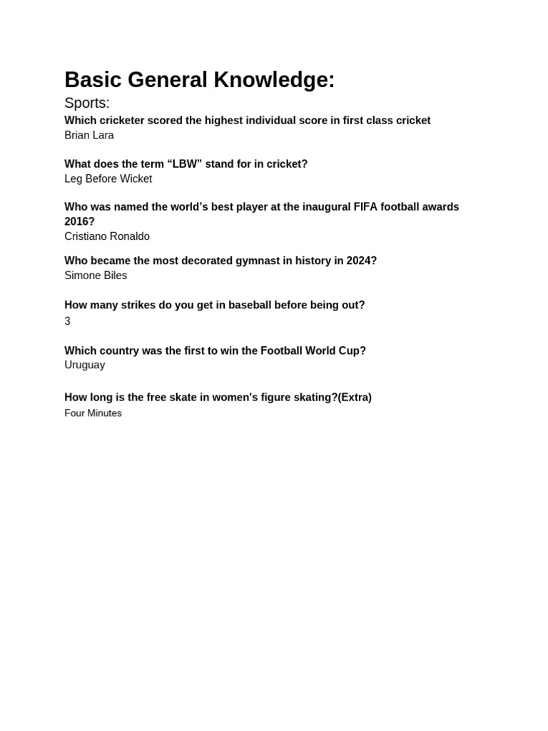 Basic General Knowledge:: Sports | PDF
