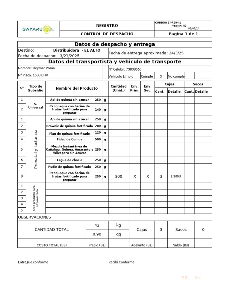 Hoja de Despacho - El Alto Pren 1 | PDF | Cultivos | Alimentos