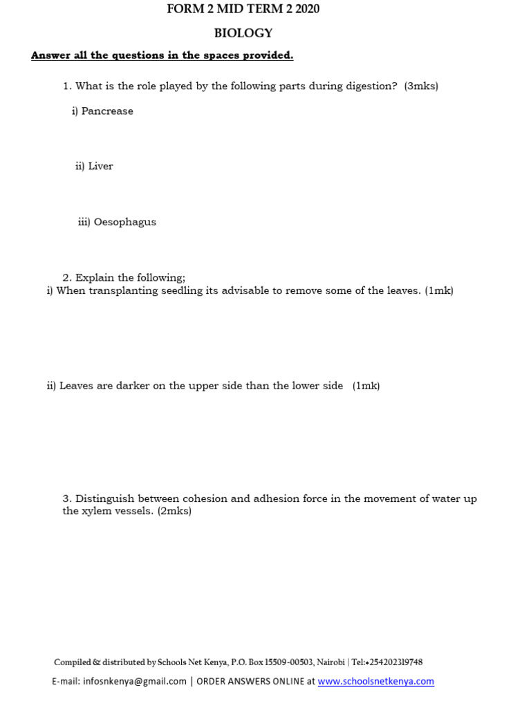 Form 2 Biology Mid Term Exam 2020 | PDF | Branches Of Botany | Plants