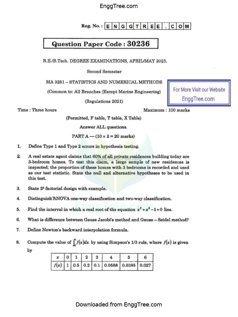 MA3251 Statistics and Numerical Methods Apr May 2023 Question Paper Download | PDF