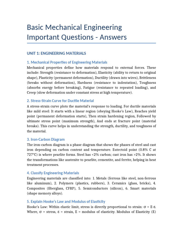 Basic Mechanical Engineering Important Questions | PDF | Deformation (Engineering) | Fluid Mechanics