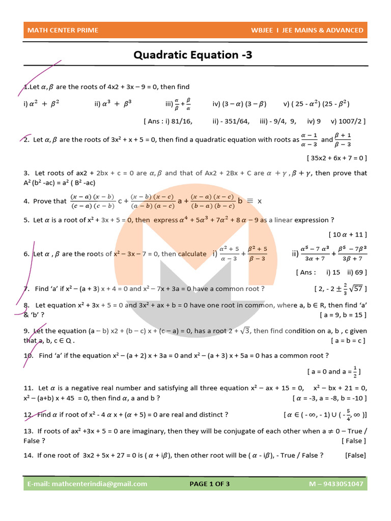Quadratic Equation - Assignment | PDF | Quadratic Equation | Mathematics