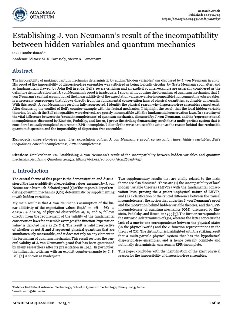 J. von Neumann's Hidden Variables Proof | PDF | Quantum Mechanics | Physics