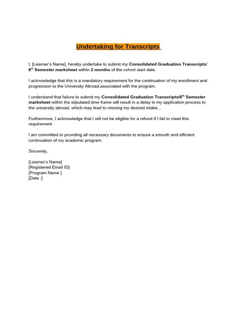 Undertaking For Transcript 2months 2 | PDF
