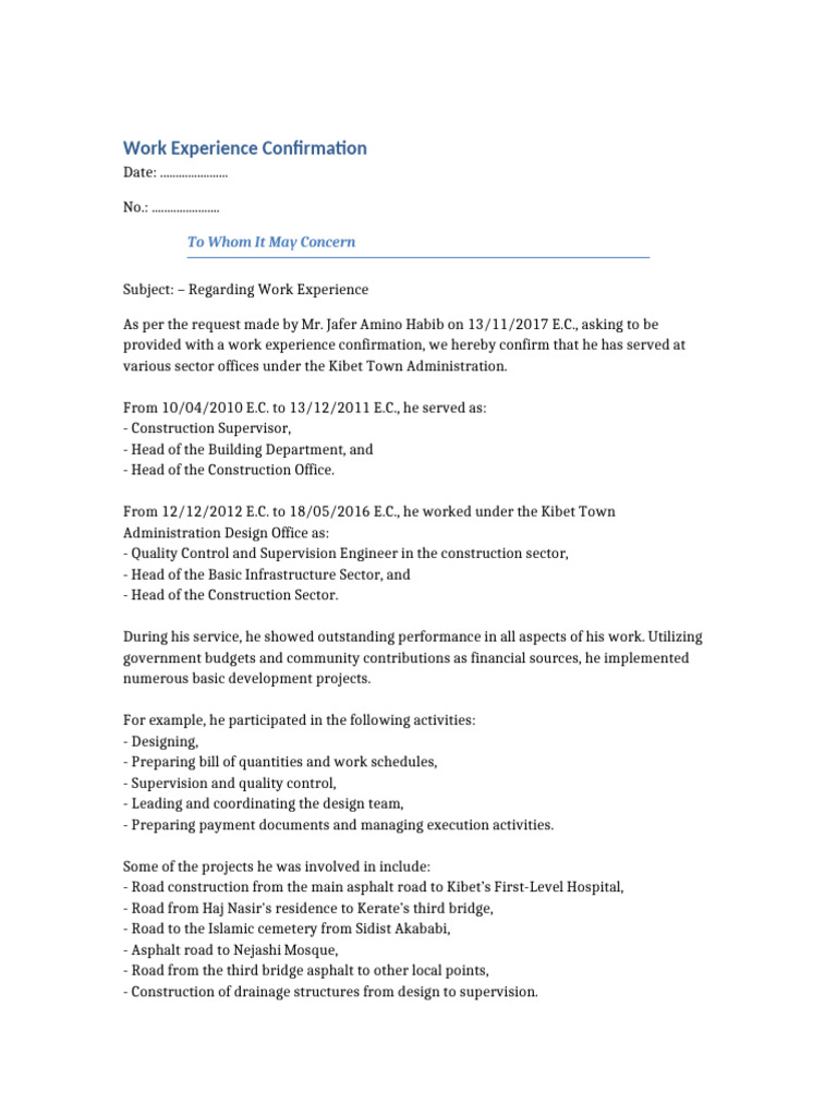 Jafer Work Experience Confirmation | PDF