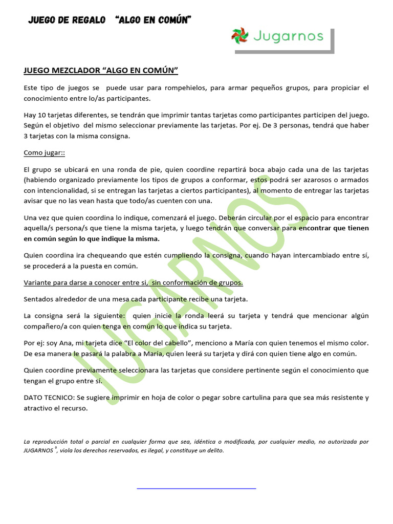 Ejemplo de Juego Mezclador: Algo en Común | PDF