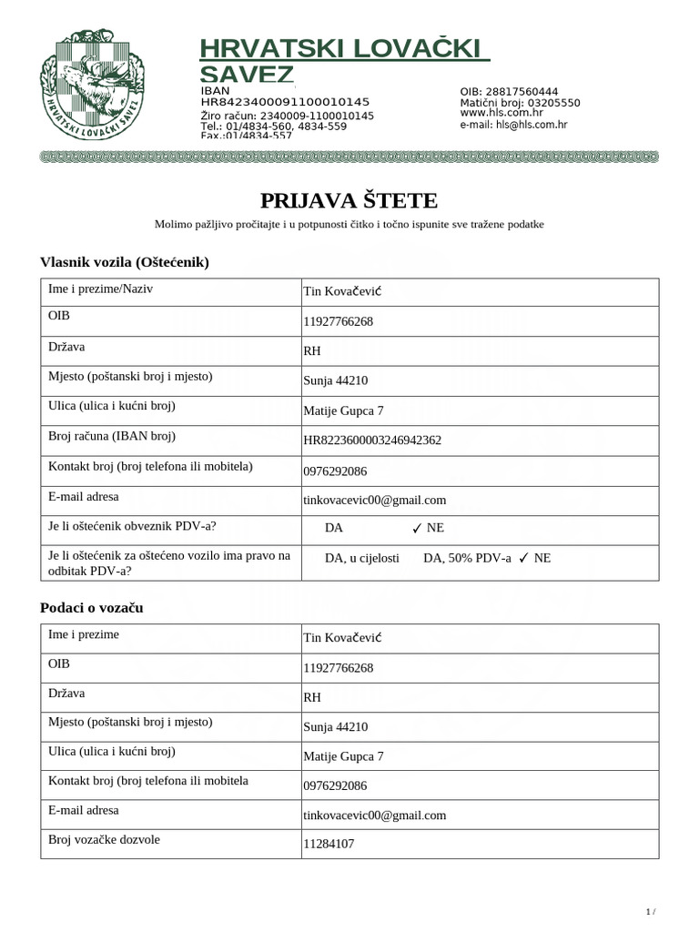 Obrazac Prijava Stete | PDF