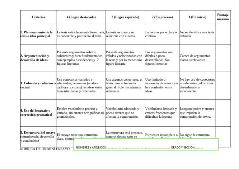 Rúbrica de Ensayo | PDF | Ensayos | Escritura