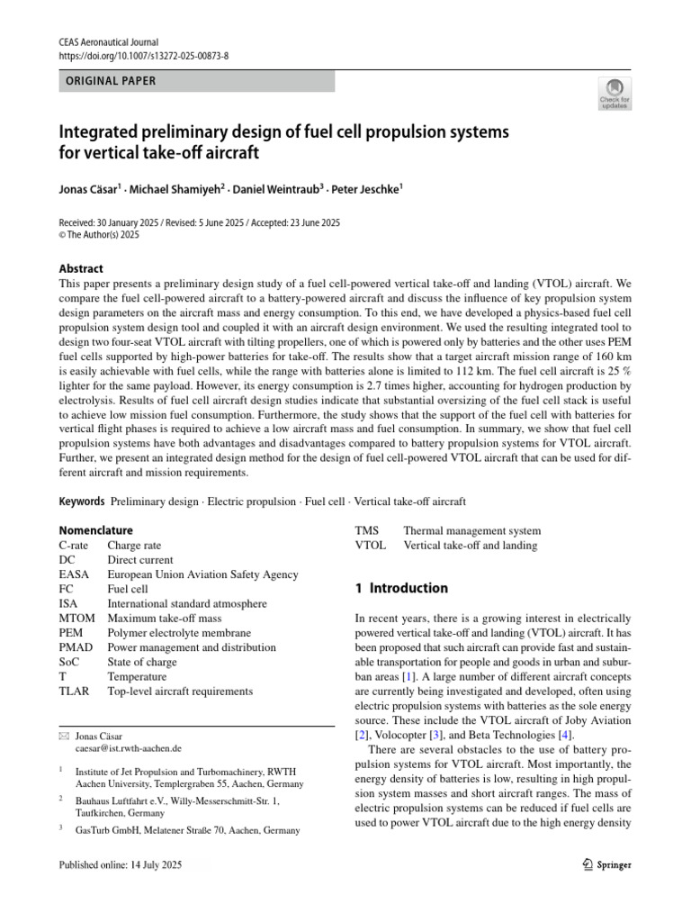Integrated Preliminary Design of Fuel Cell Propulsion Systems for ...