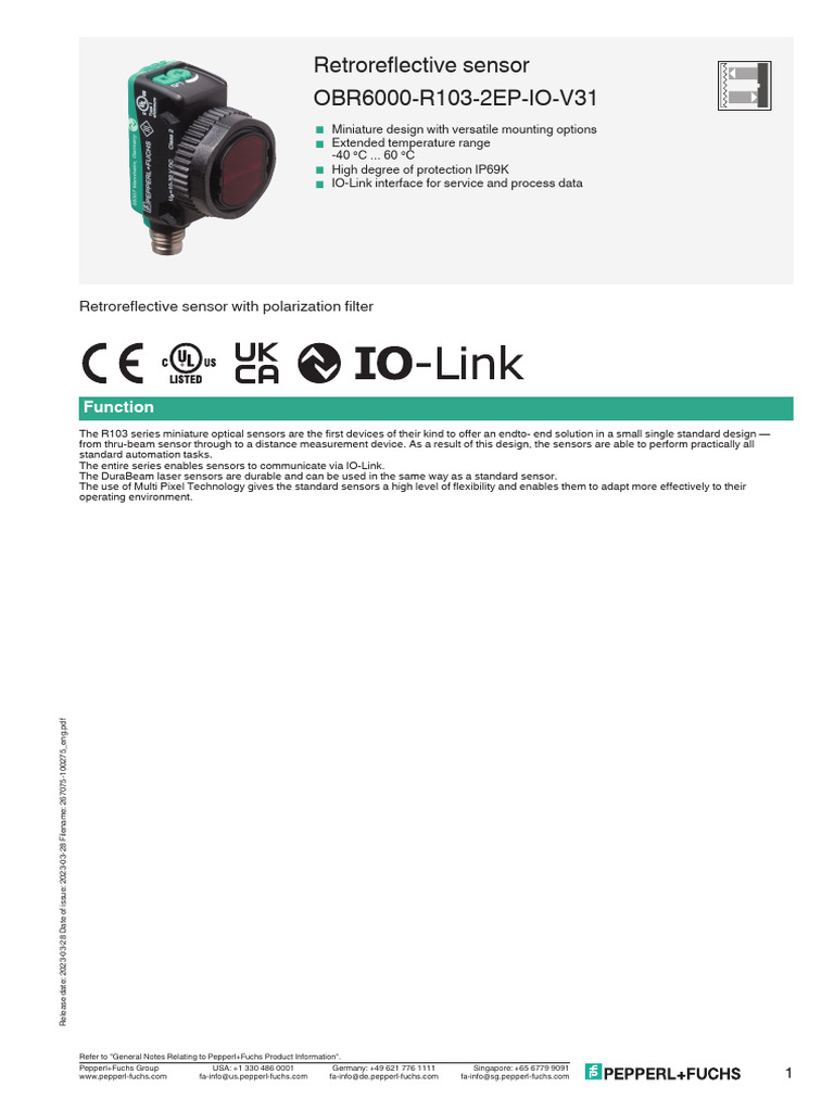 Pepperl Fuchs Photoelectric Sensor Obr6000 r103 2ep Io v31 Datasheet | PDF | Equipment ...
