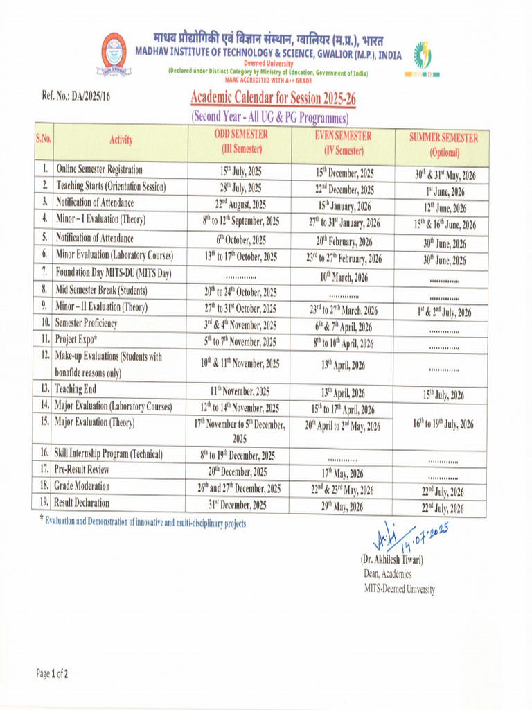 Second Year - Academic Calendar (2025-26 Session) MITS-DU Batch | PDF