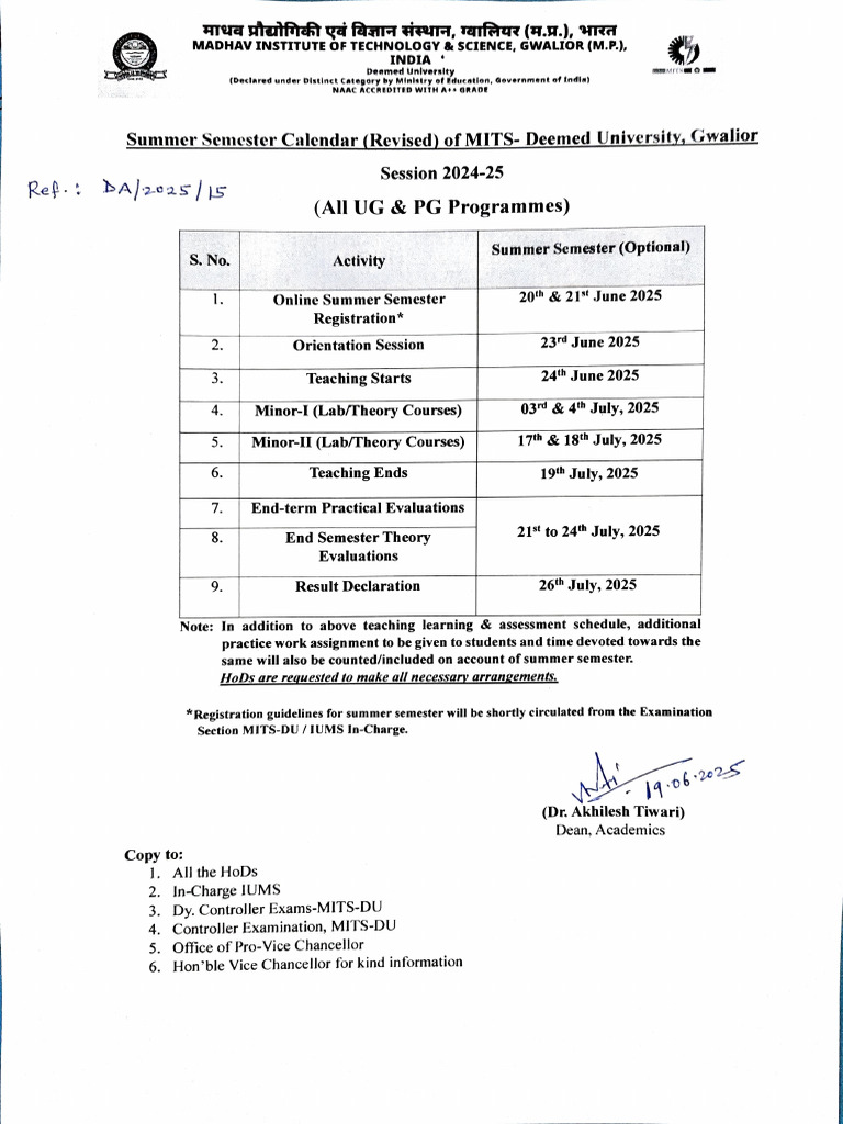 Notice No. DA-2025-15 - Revised - Summer Semester Calendar 2024-25 ...