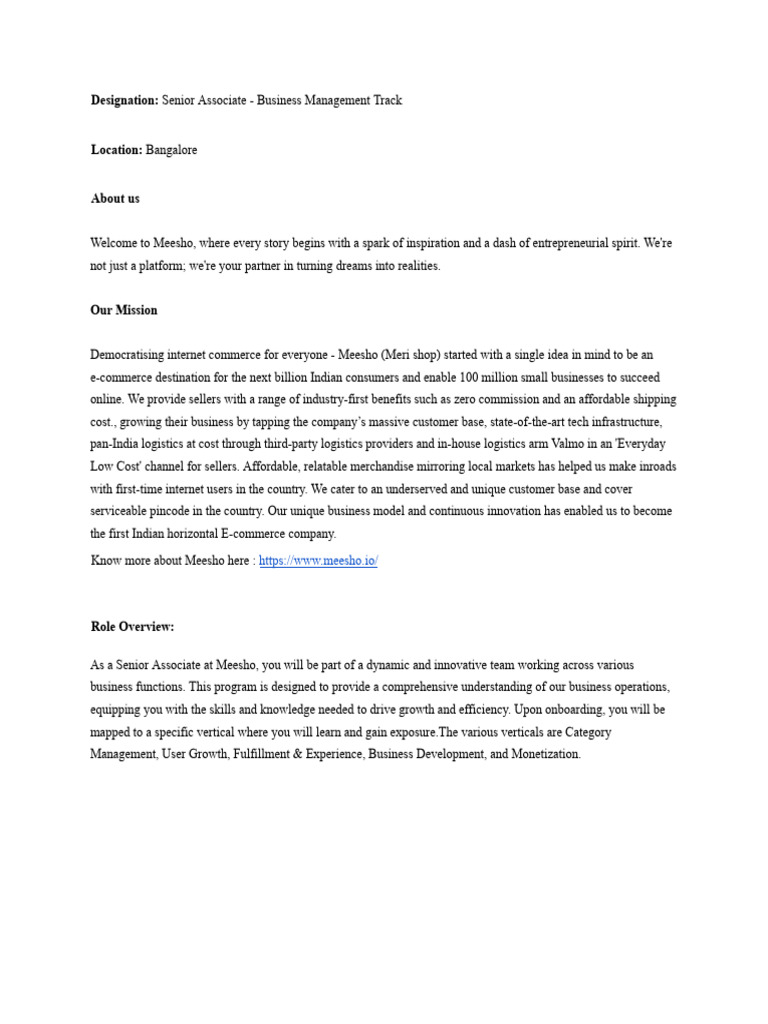 Senior Associate Role at Meesho | PDF | Logistics | Marketing
