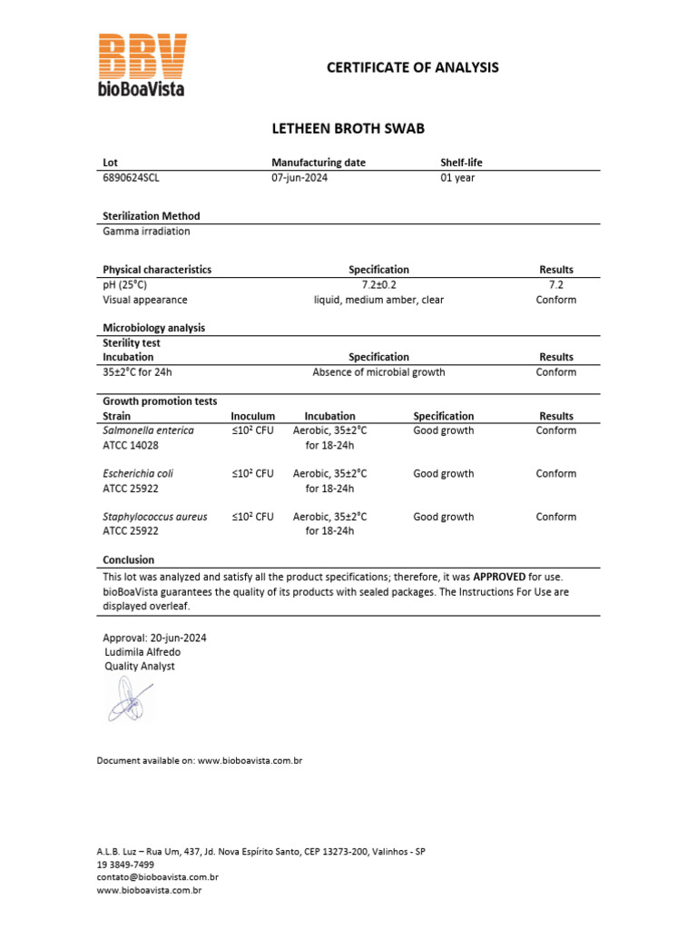 07-06 Letheen Broth Swab Lot 6890624SCL | PDF | Sterilization ...