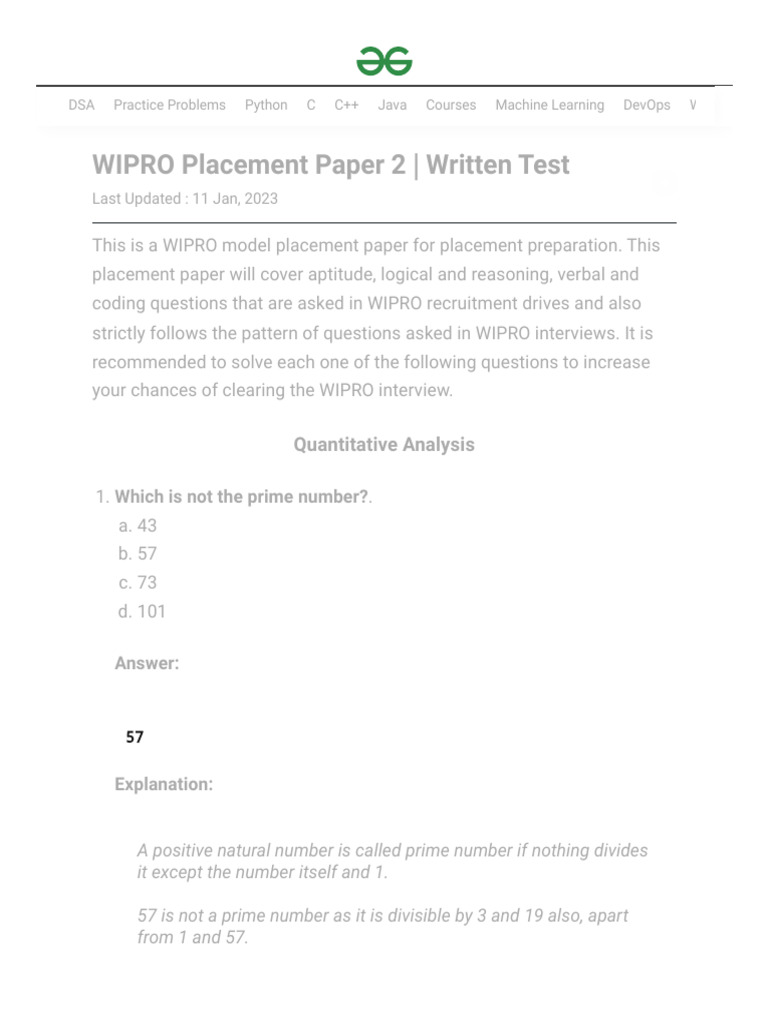 WIPRO Placement Paper 2 - Written Test - GeeksforGeeks | PDF | Speed