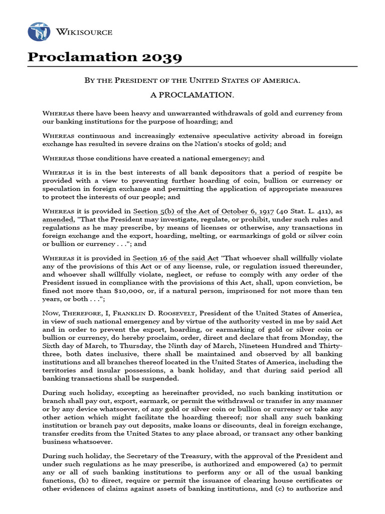 Proclamation 2039 1933 GOLD CONFUSCATION - Wikisource, The Free Online ...