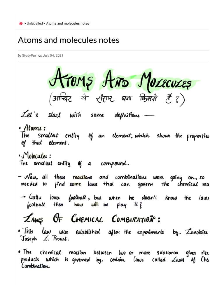 Atoms and Molecules Notes | PDF