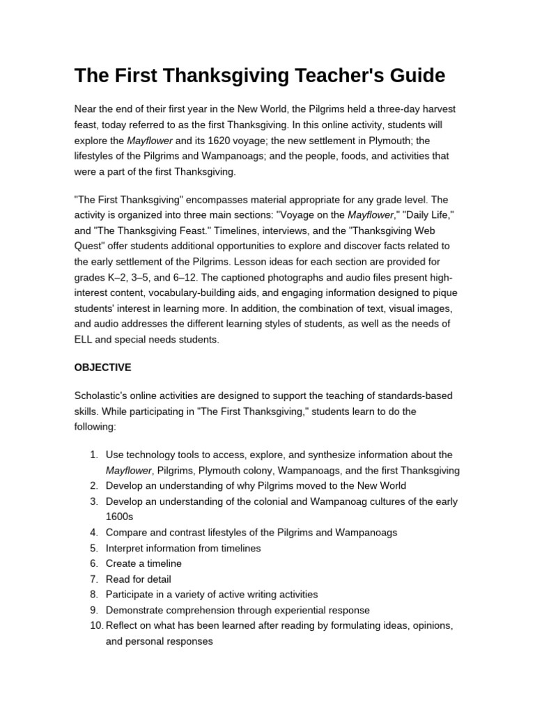 First Thanksgiving Teacher's Guide | PDF | Thanksgiving | Plymouth Colony