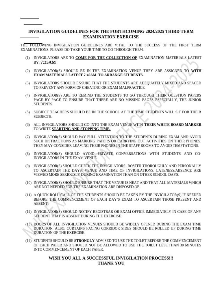 2024/2025 Exam Invigilation Schedule | PDF