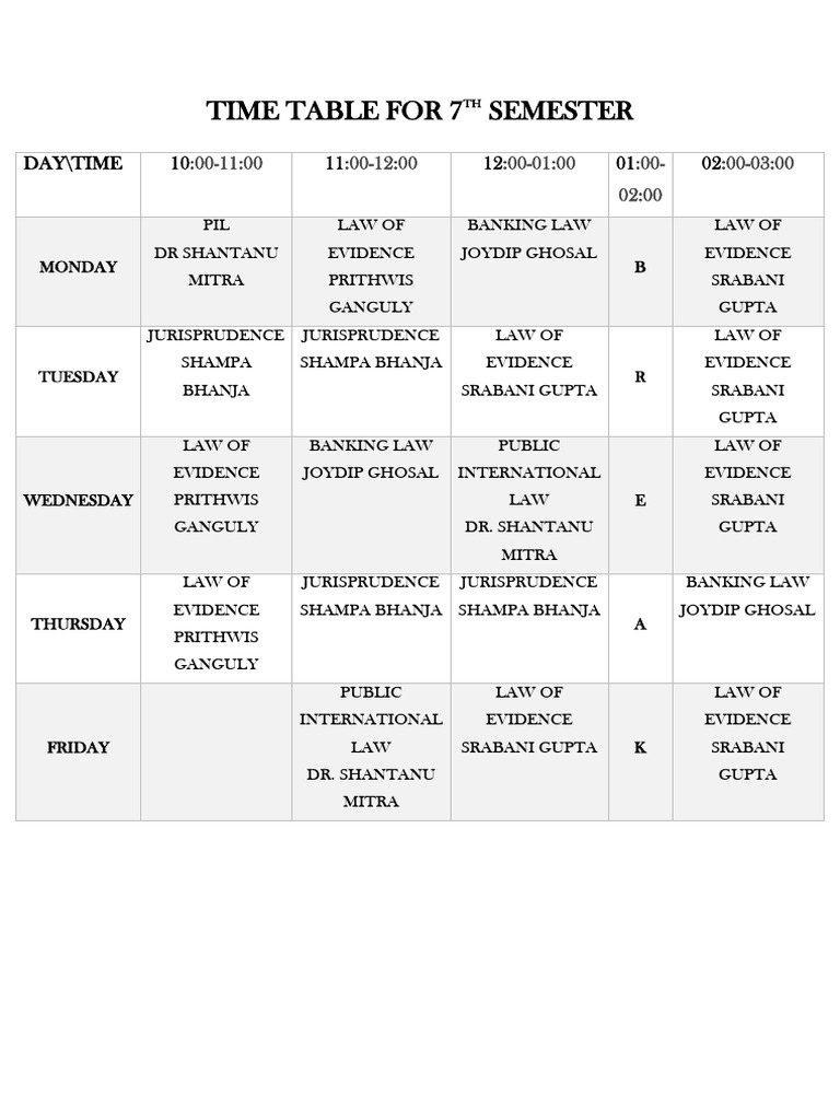 7th Semester Law Course Timetable | PDF