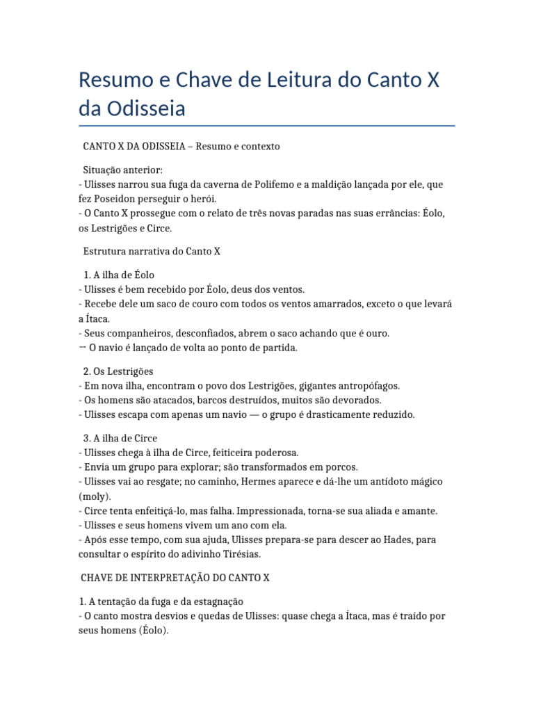 Resumo do Canto X da Odisseia | PDF | Odisseia | Ulisses