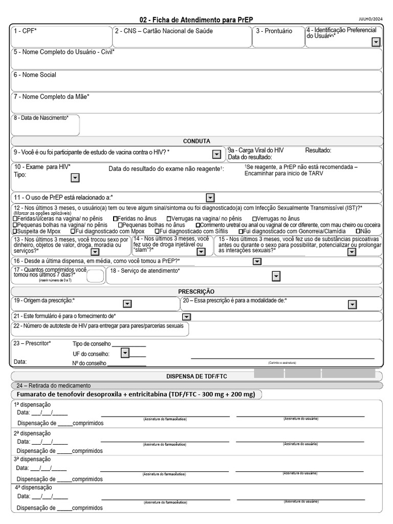 Formulário - Ficha - Atendimento - PREP - 2024 | PDF | Receita médica | Ciências da Saúde