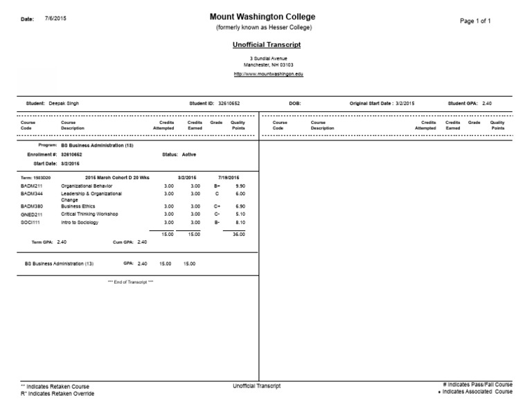 Mount Washington College Transcript of Deepak (Danny) Singh | PDF | Higher Education | Academia