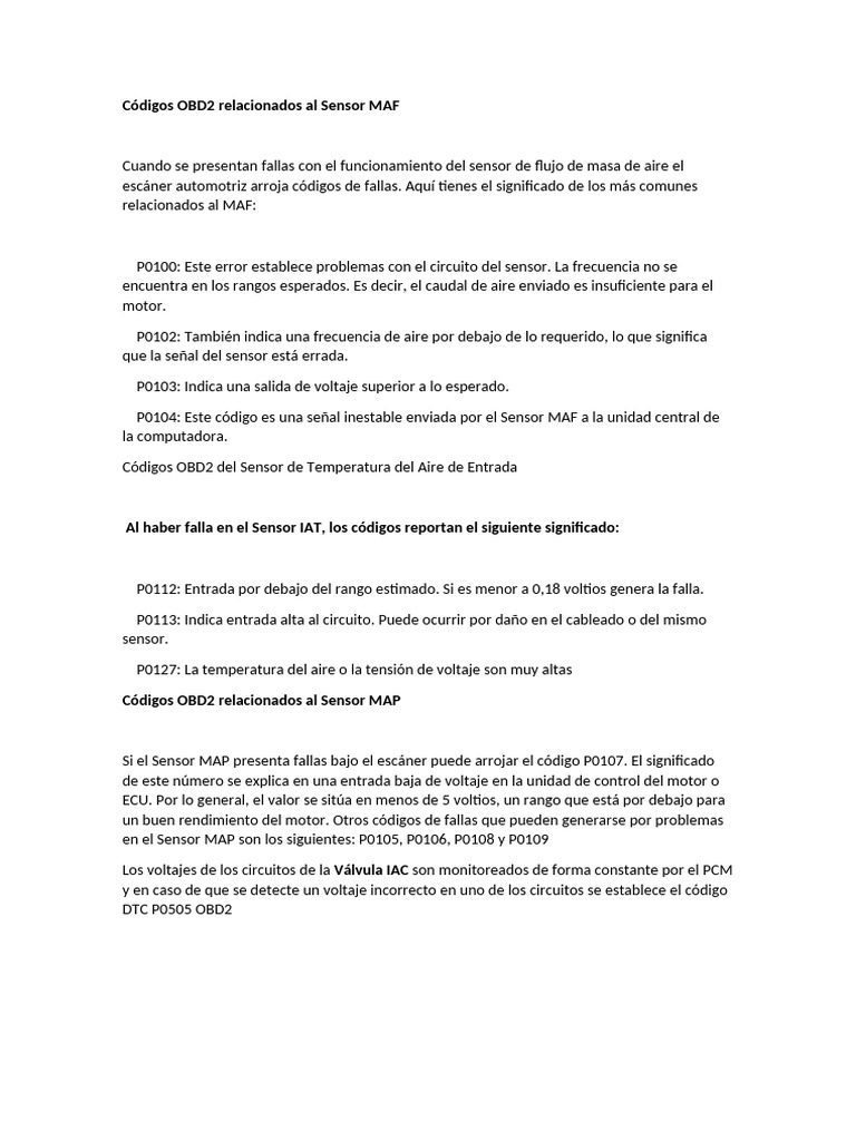 Códigos OBD2 Relacionados Al Sensor MAF | PDF