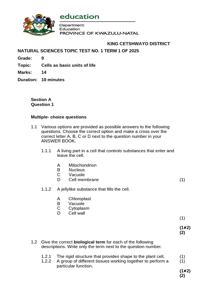 Grade 9 Cell Biology Test Term 1 | PDF | Cell (Biology) | Vacuole
