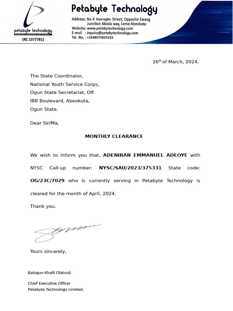 NYSC Monthly Clearance for Emmanuel Adeoye | PDF