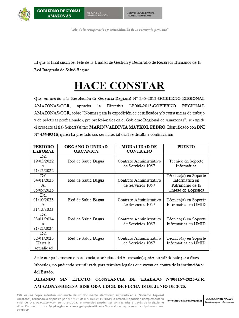 Constancia de Trabajo r5076 2025 Diresa Risb Oda Udgd | PDF