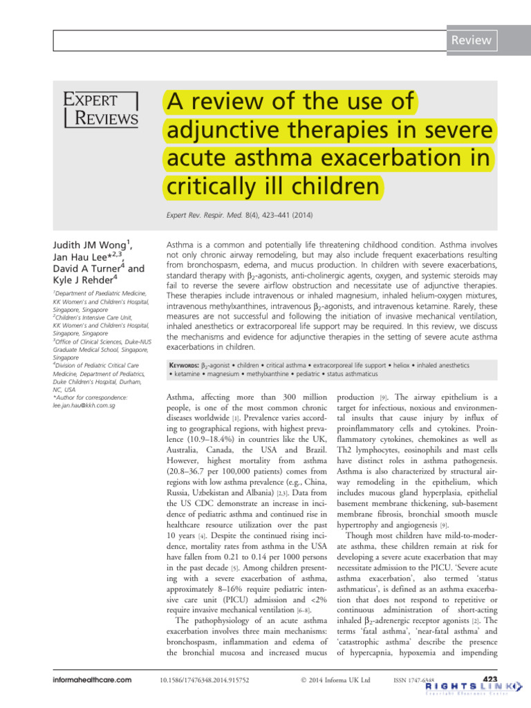 A Review of The Use of Adjunctive Therapies in Severe Acute Asthma ...