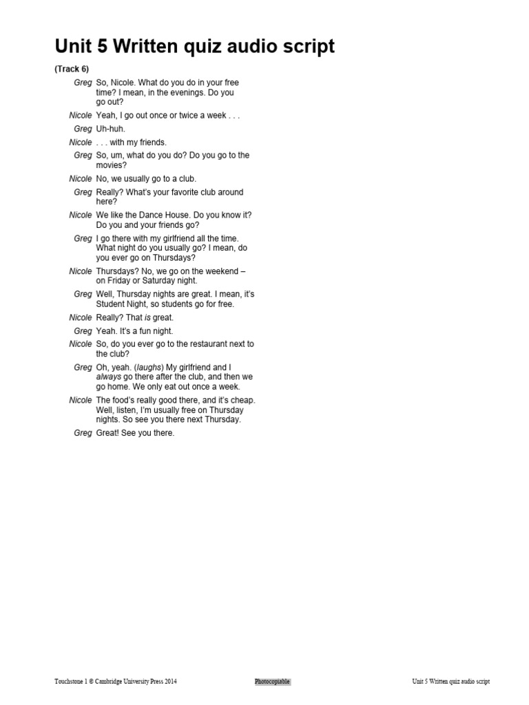 Unit 5 Written Quiz Audio Script: (Track 6) | PDF