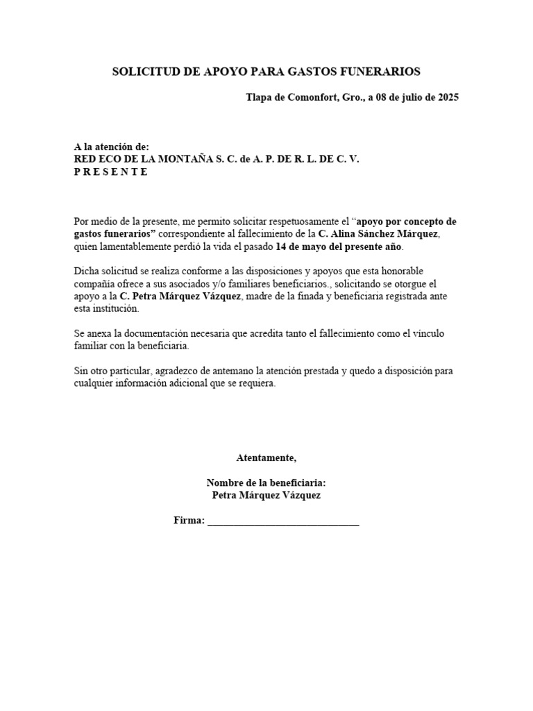 Solicitud de Apoyo para Gastos Funerarios | PDF