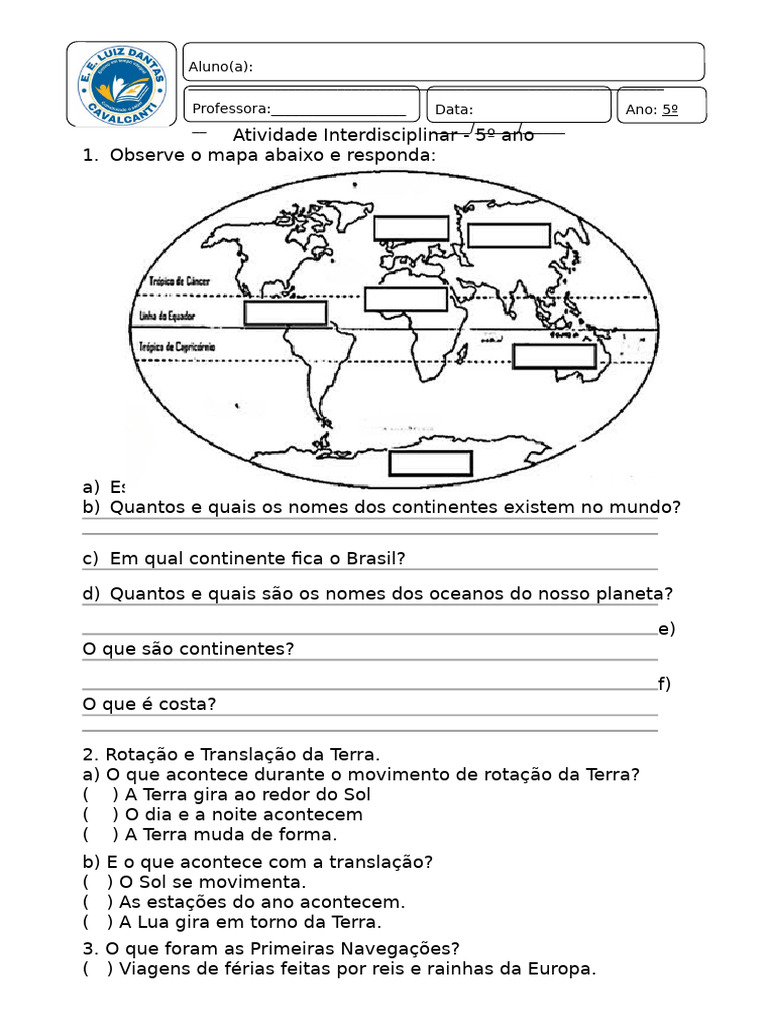 Atividade Interdisciplinar - 5º Ano - GCH | PDF