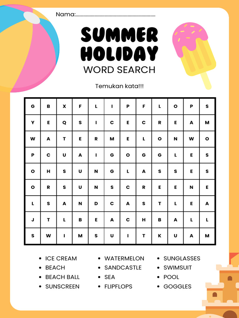 Summer Holiday Word Search Puzzle | PDF