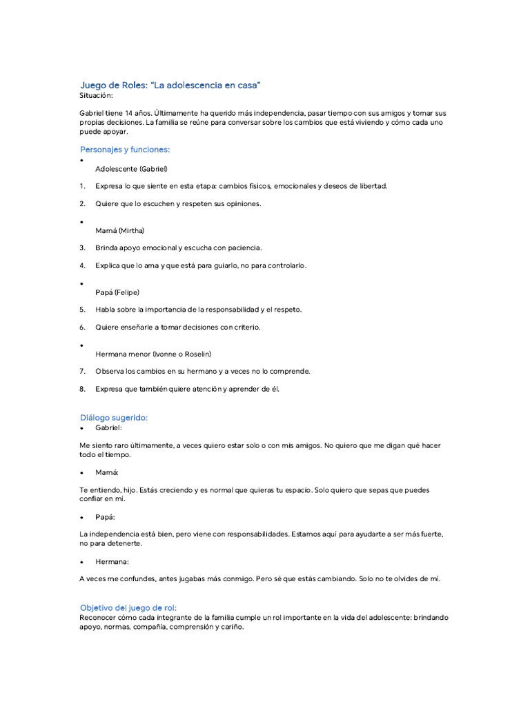 Juego de Roles Adolescencia en Familia | PDF