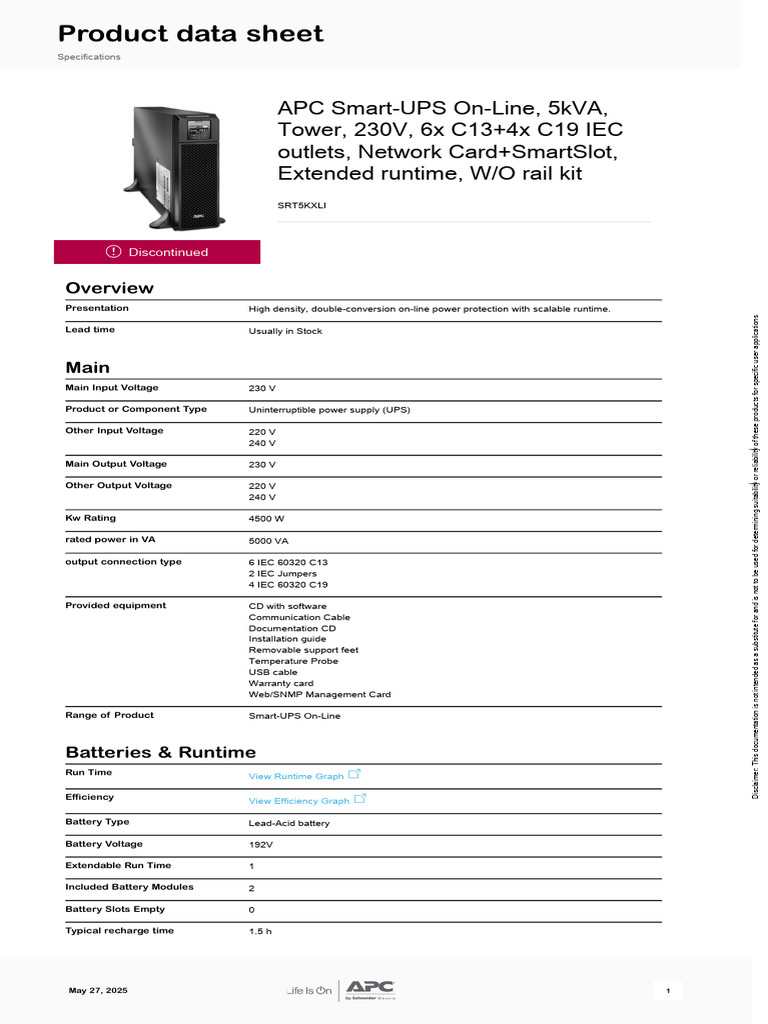 APC SmartUPS-OnLine SRT5KXLI | PDF | Electronics | Manufactured Goods